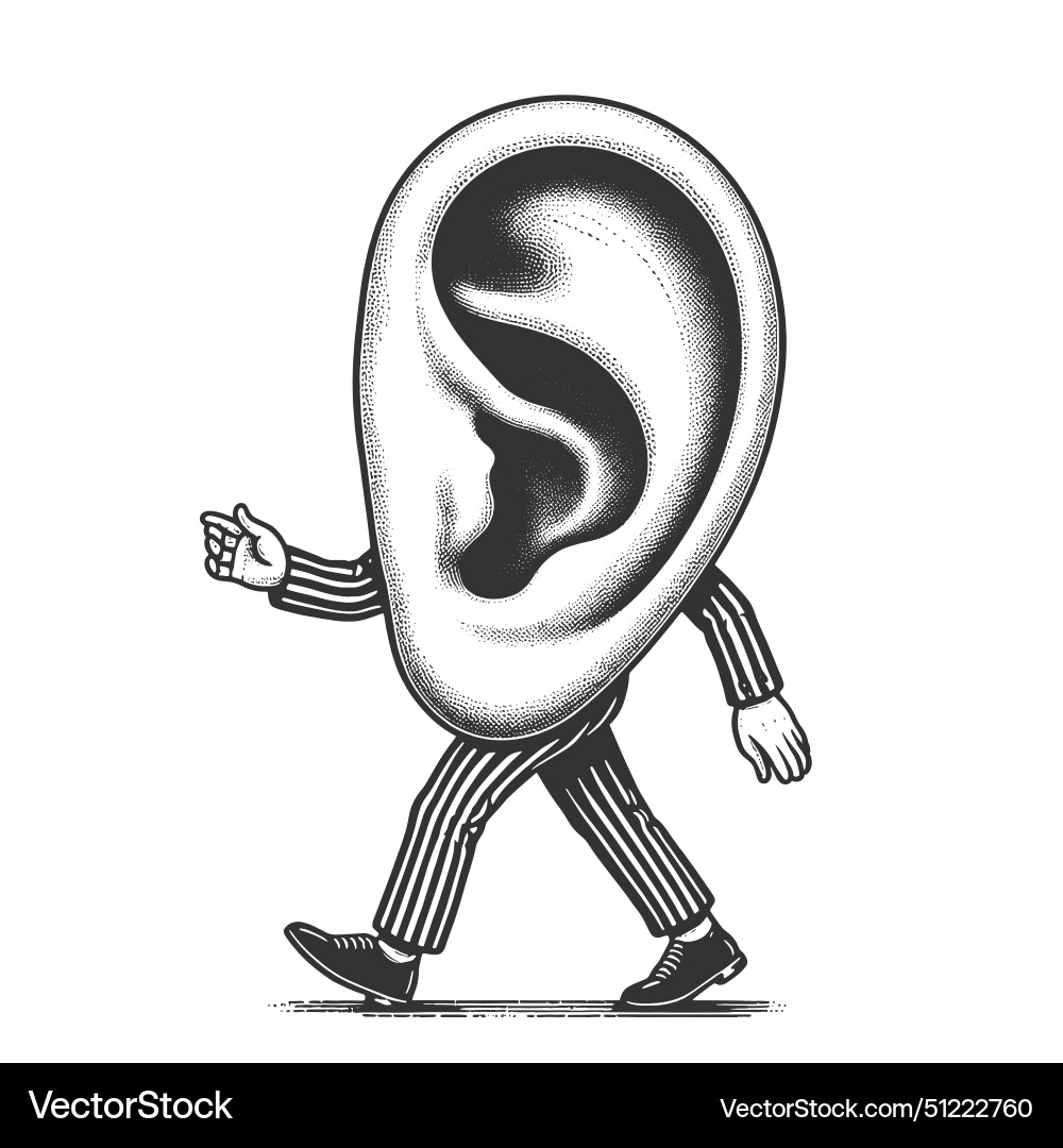 Ear cartoon walking and waving engraving Vector Image