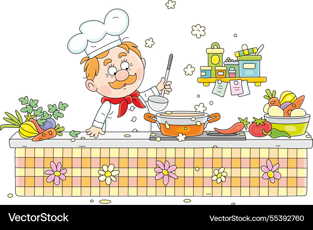 Funny cook preparing a soup with vegetables Vector Image