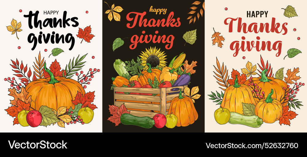 Thanksgiving day set posters colorful Royalty Free Vector