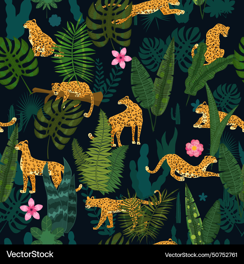 Leopard seamless pattern with tropical leaves Vector Image