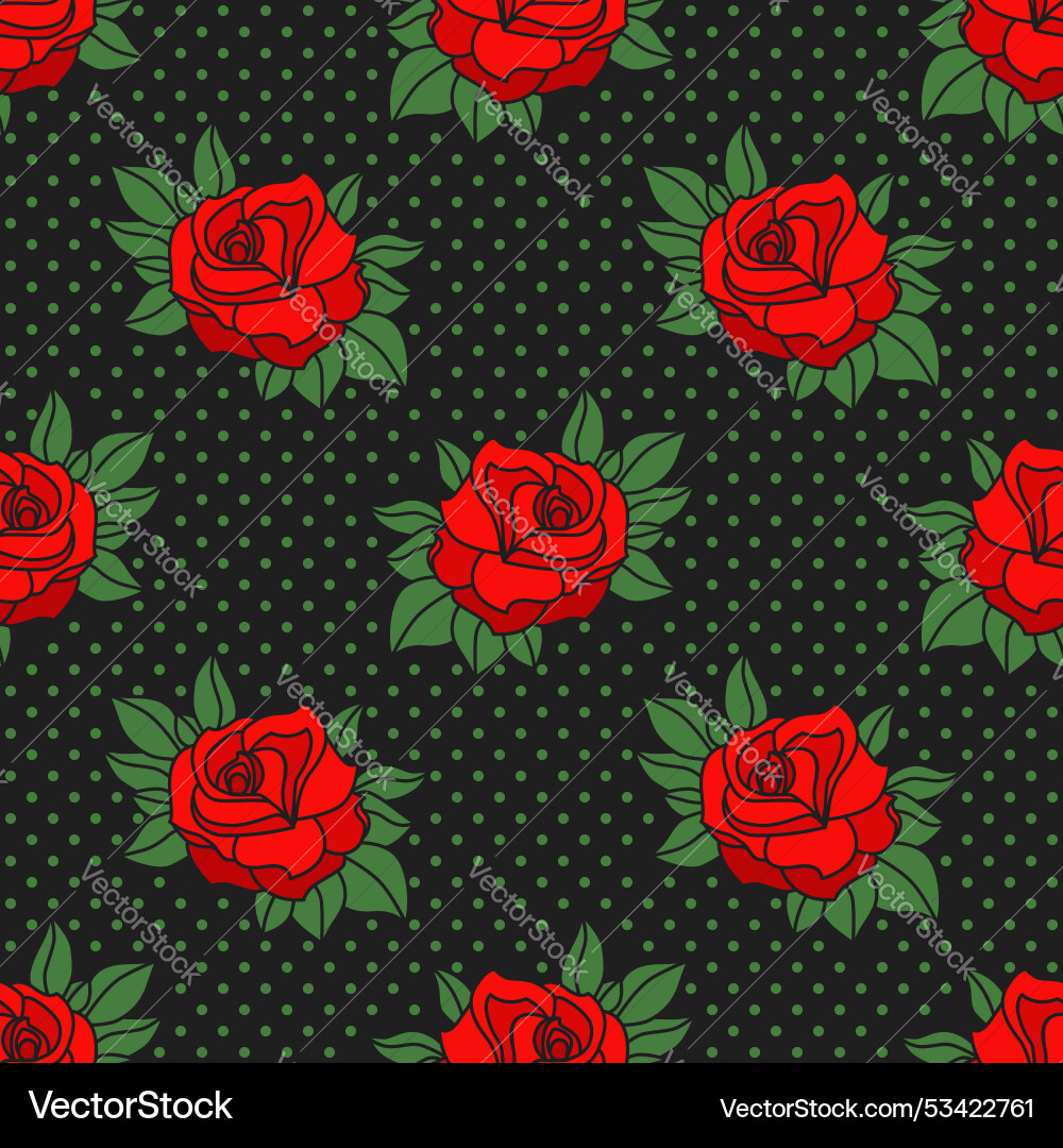 Retro midcentury rockabilly roses dots pattern Vector Image