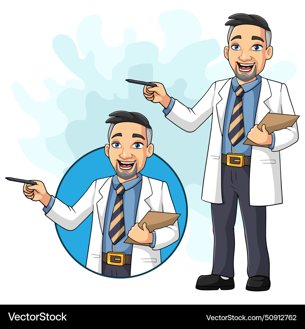 Cartoon doctor pointing and waving Royalty Free Vector Image