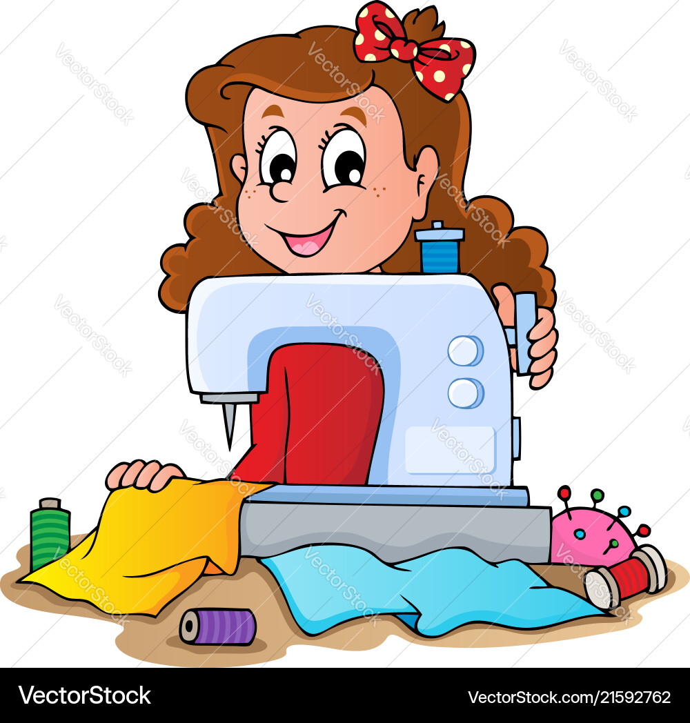 Cartoon girl with sewing machine Royalty Free Vector Image