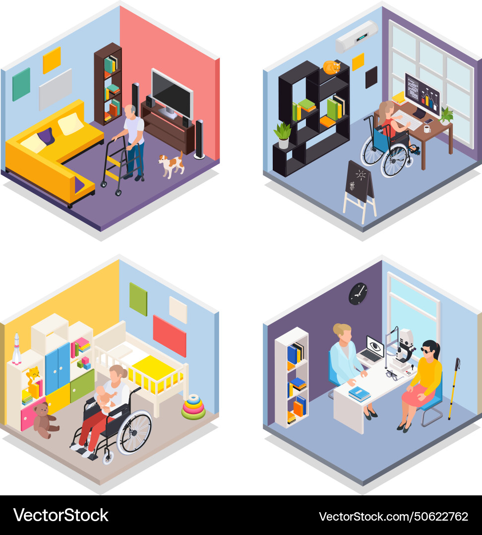 Disabled people isometric 2x2 set Royalty Free Vector Image