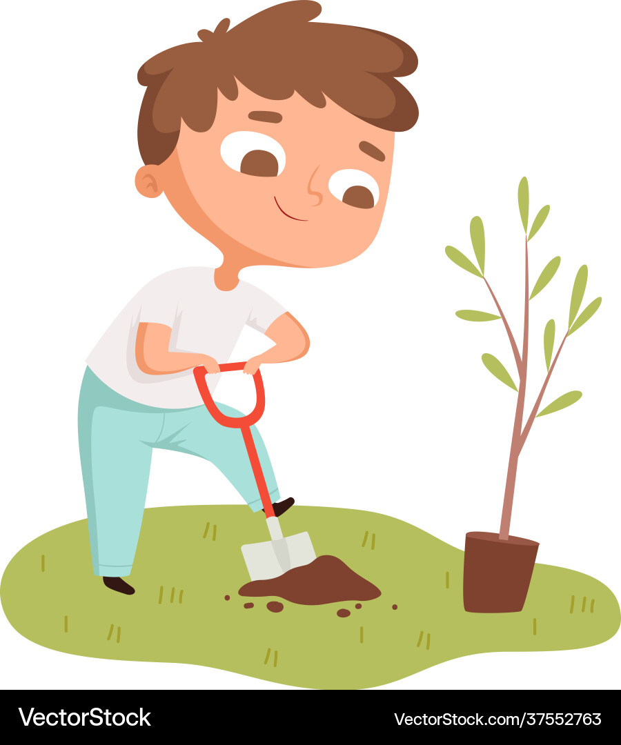 Boy planting tree toddler digging hole cartoon Vector Image