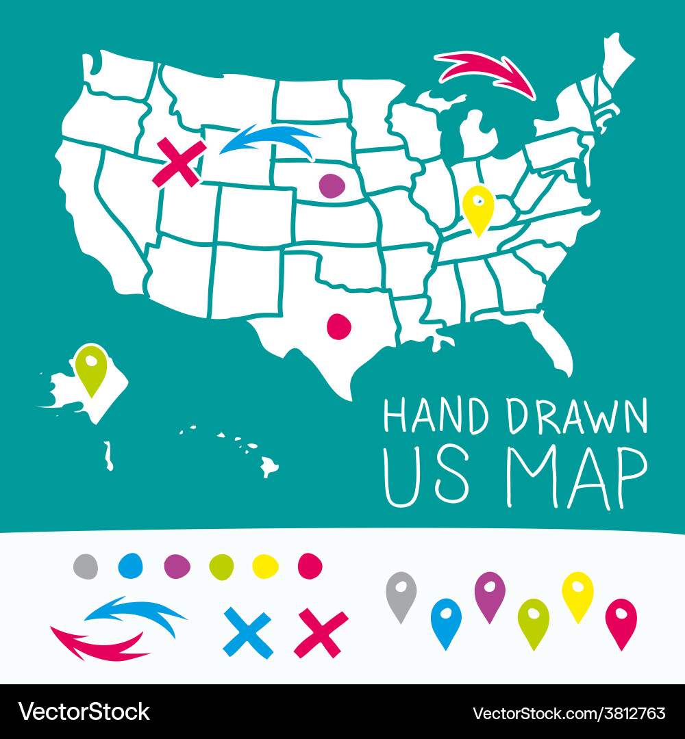Hand drawn us map whit pins Royalty Free Vector Image