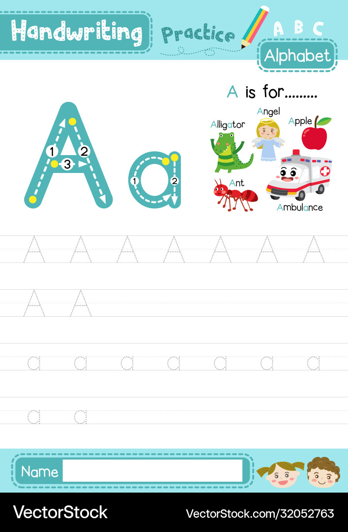 Letter a uppercase and lowercase tracing practice Vector Image