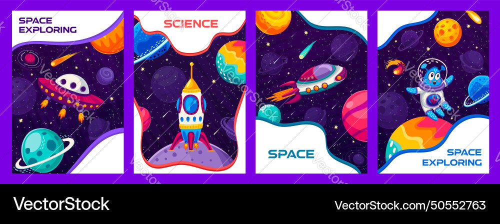 Space posters cartoon alien characters spaceship Vector Image