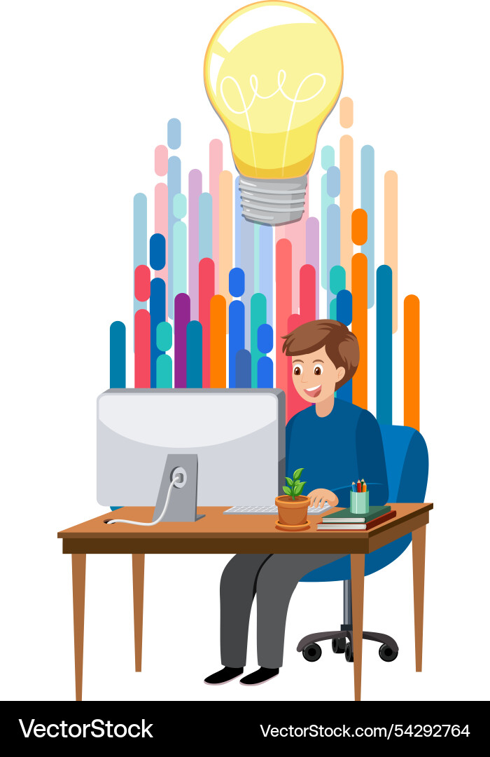 Person working at desk with lightbulb idea Vector Image