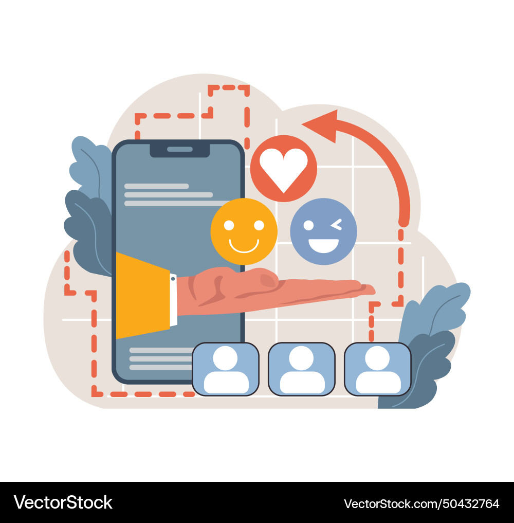 Smartphone in hand displays joyful emoticons flat Vector Image