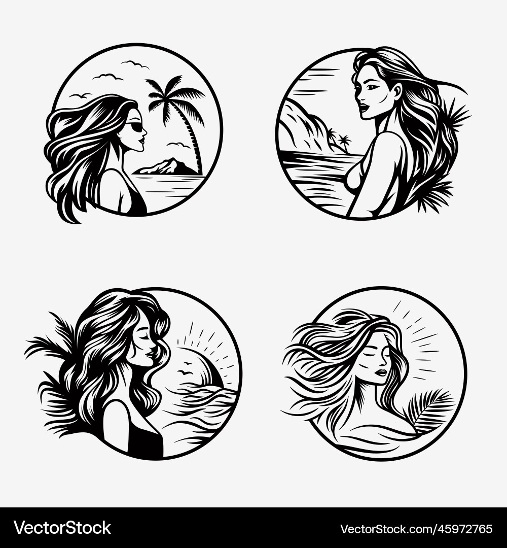 Black and white emblems with beautiful girl young Vector Image
