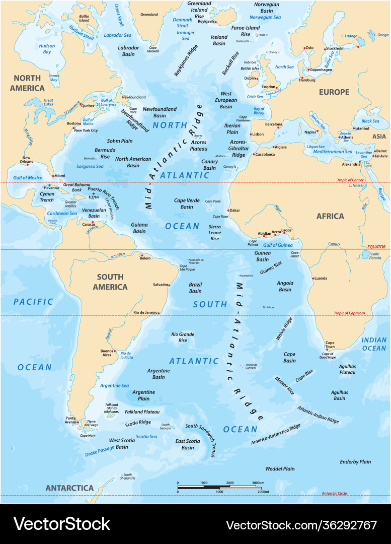 Atlantic Ocean Map Royalty Free Vector Image - VectorStock