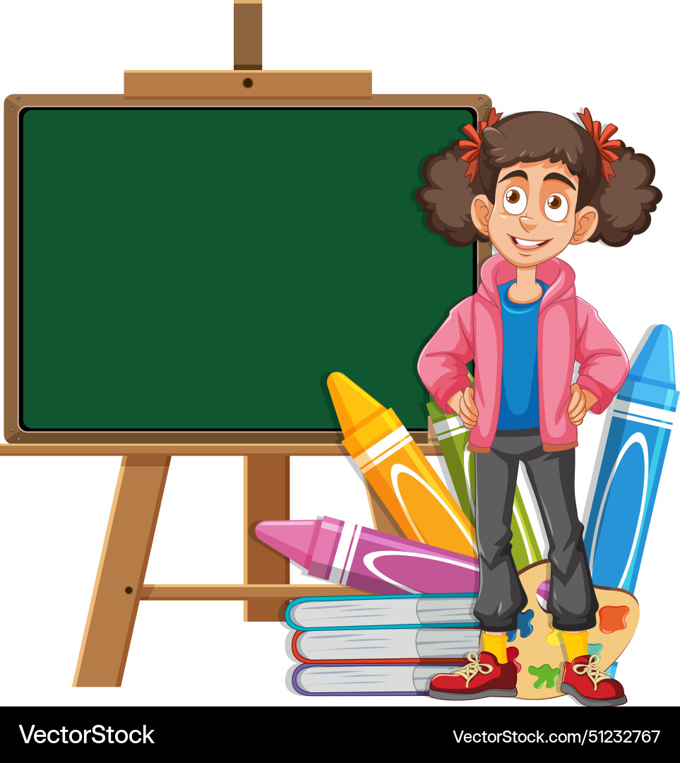 Cheerful girl standing by a chalkboard and books Vector Image