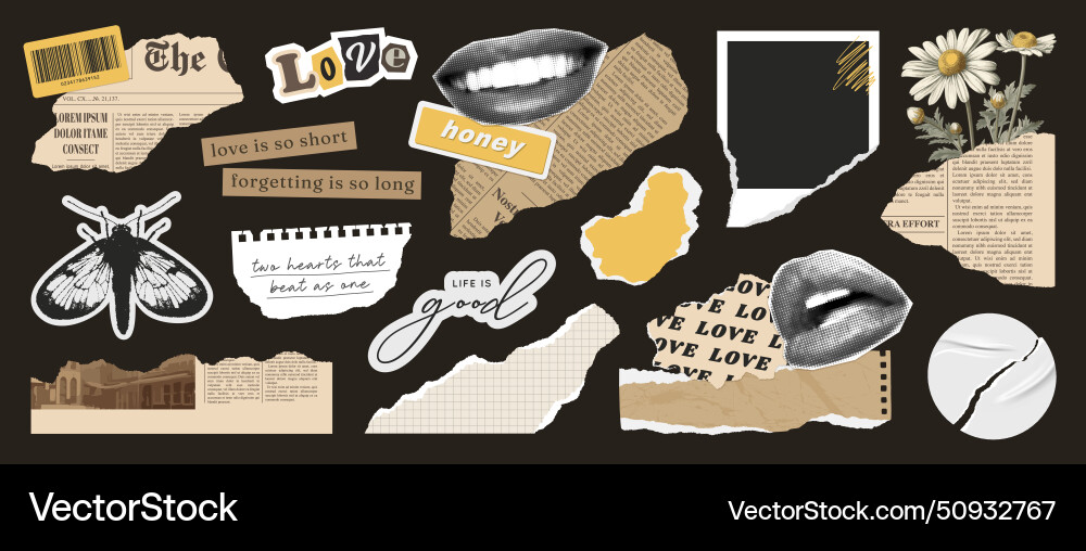 Set of paper cut elements rip newspaper collage Vector Image