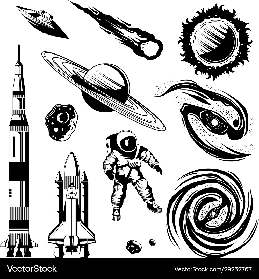 Space engraving hand drawn set Royalty Free Vector Image