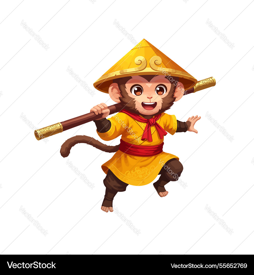 Cartoon monkey character holding staff smiling Vector Image