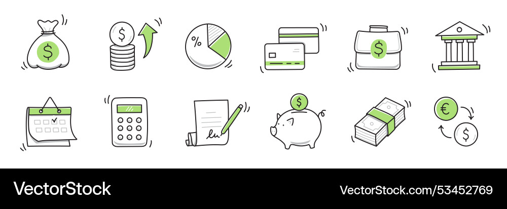 Money finance doodle hand drawn icon set Vector Image