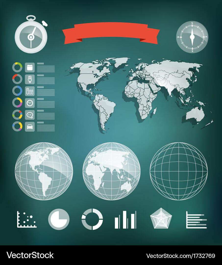 World map and different charts Royalty Free Vector Image
