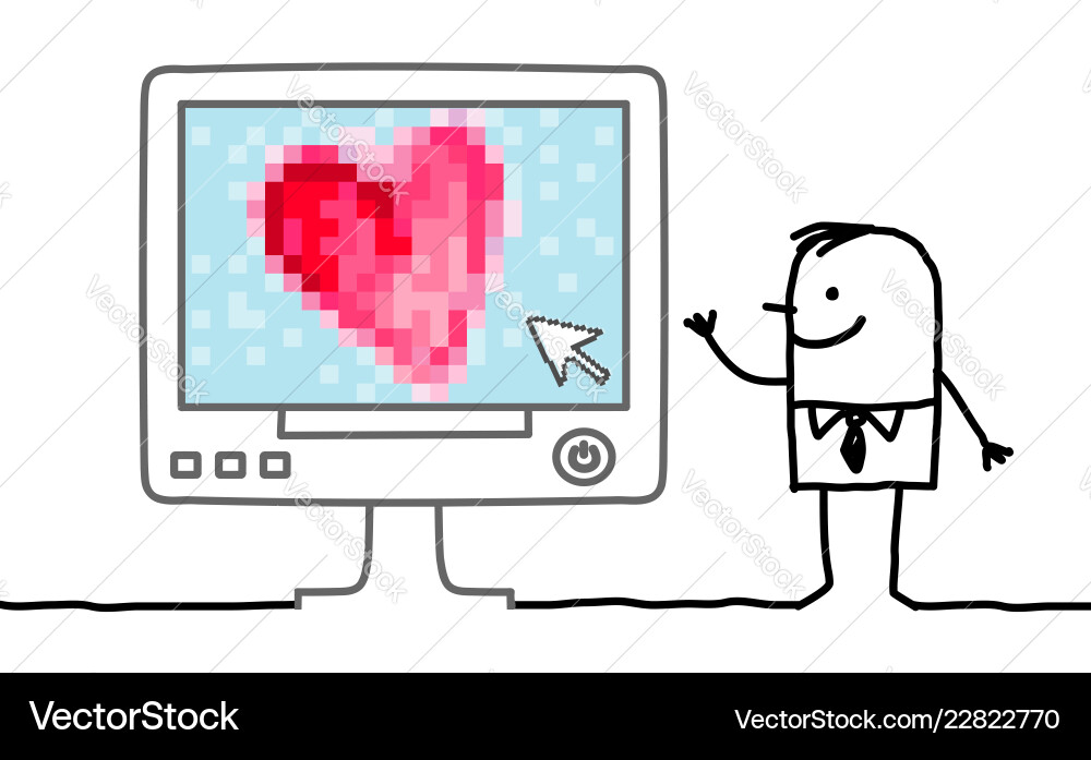 Cartoon man with big heart on computer Royalty Free Vector