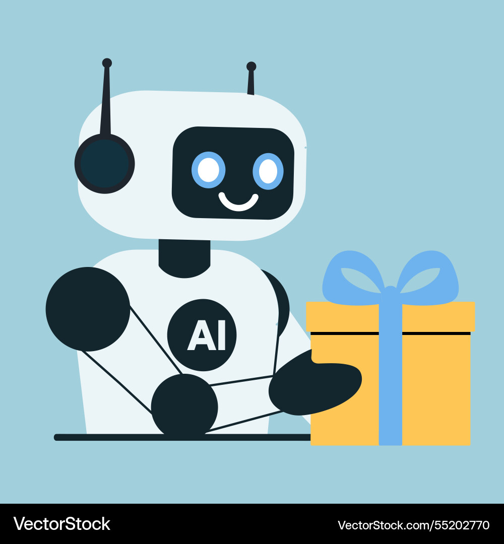 Flat chat bot robot with yellow gift Royalty Free Vector