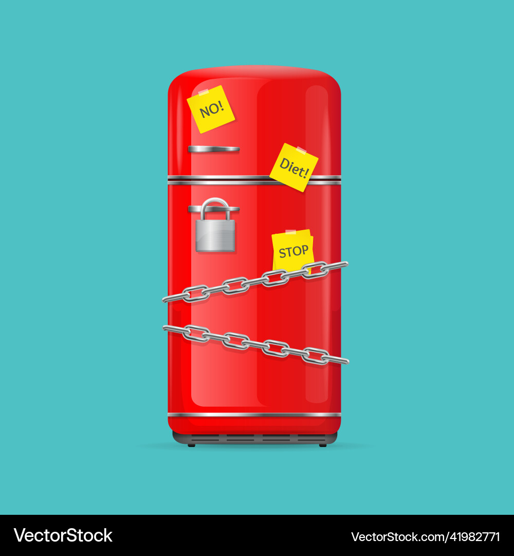 Realistic detailed 3d fridge and metallic chain Vector Image