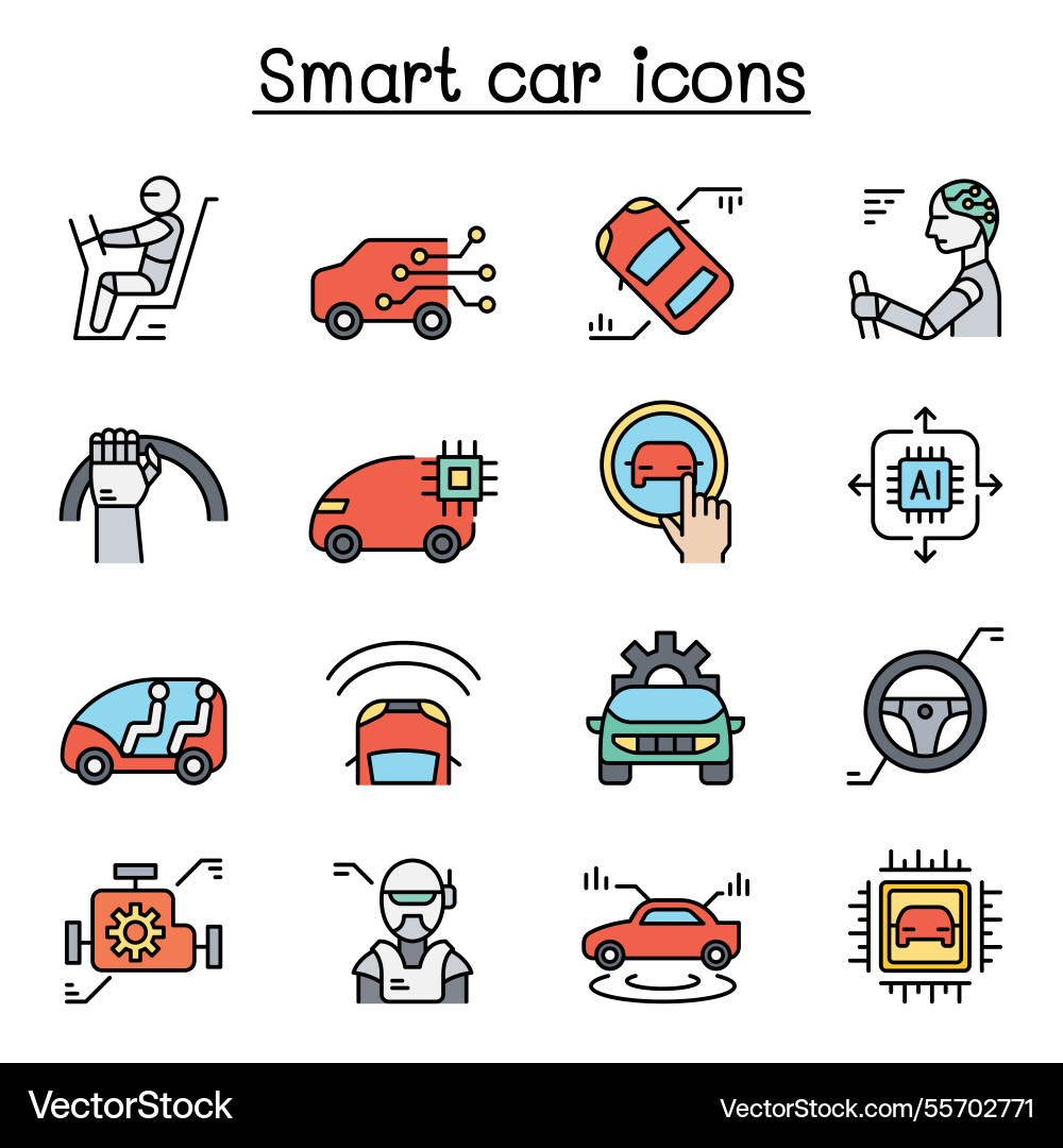 Smart car icon set in colorline style Royalty Free Vector