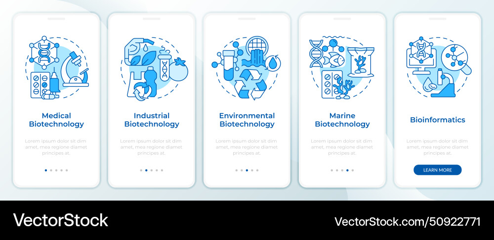 Types of biotechnology blue onboarding mobile app Vector Image