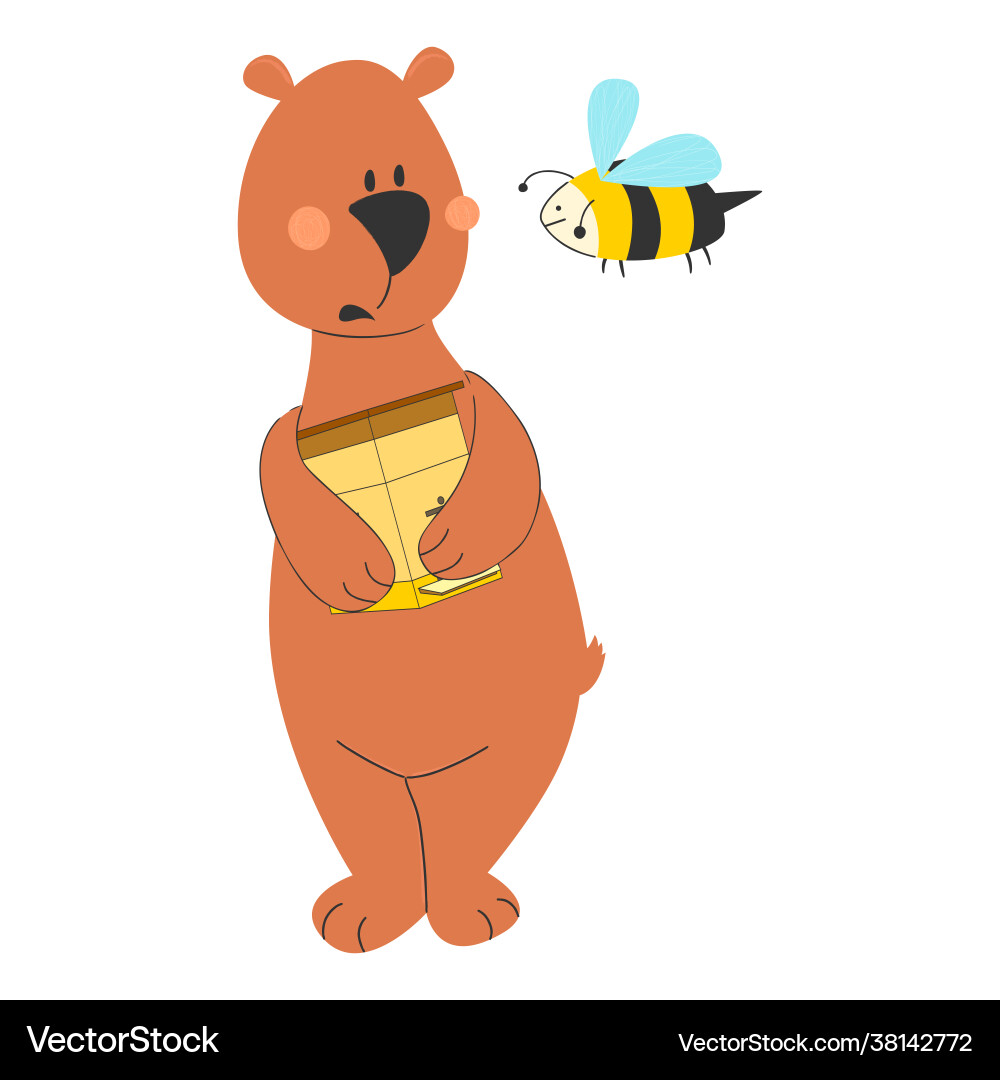 Cute cartoon bear with beehive and bee Royalty Free Vector