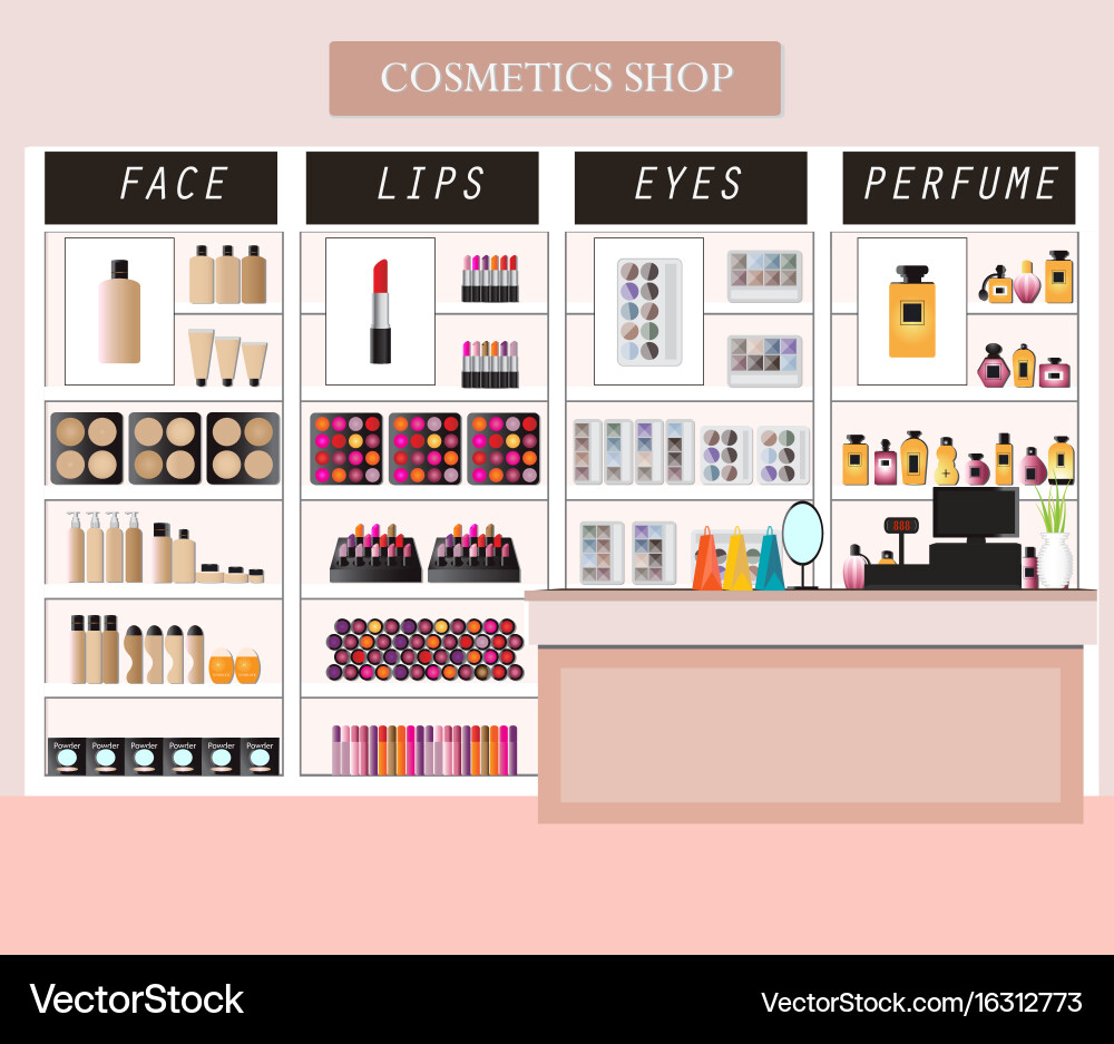 Cosmetics store interior with products on shelves Vector Image