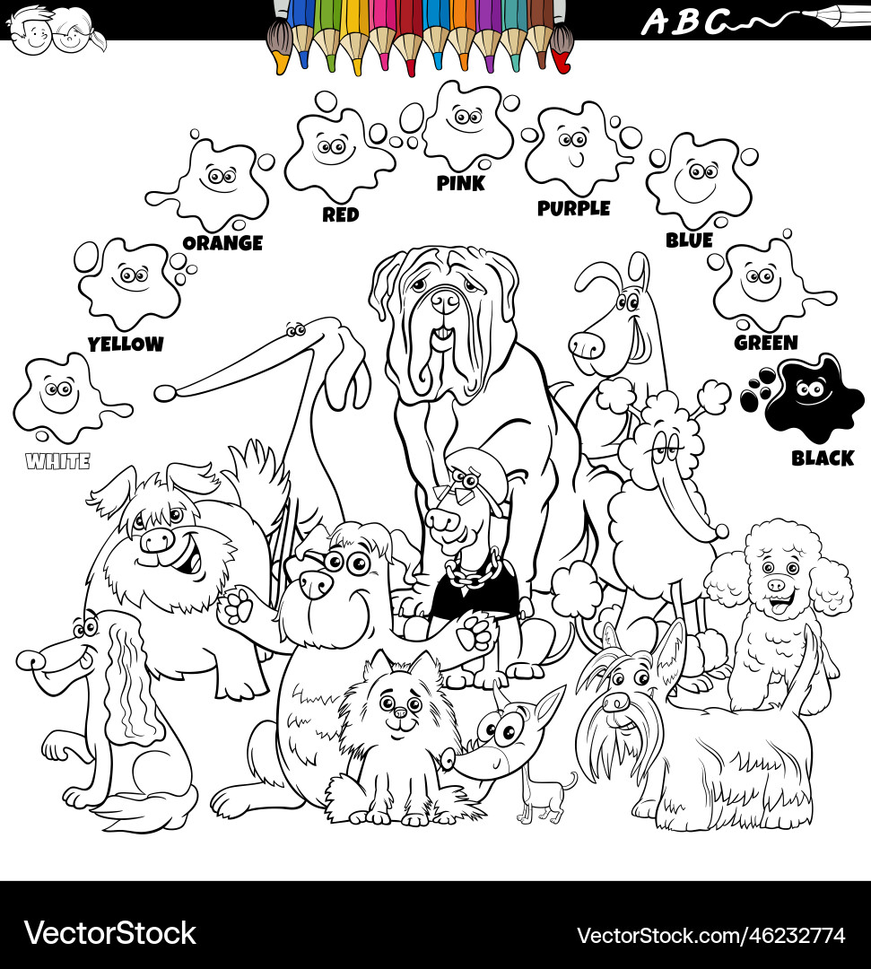 Basic colors with cartoon dogs coloring page Vector Image