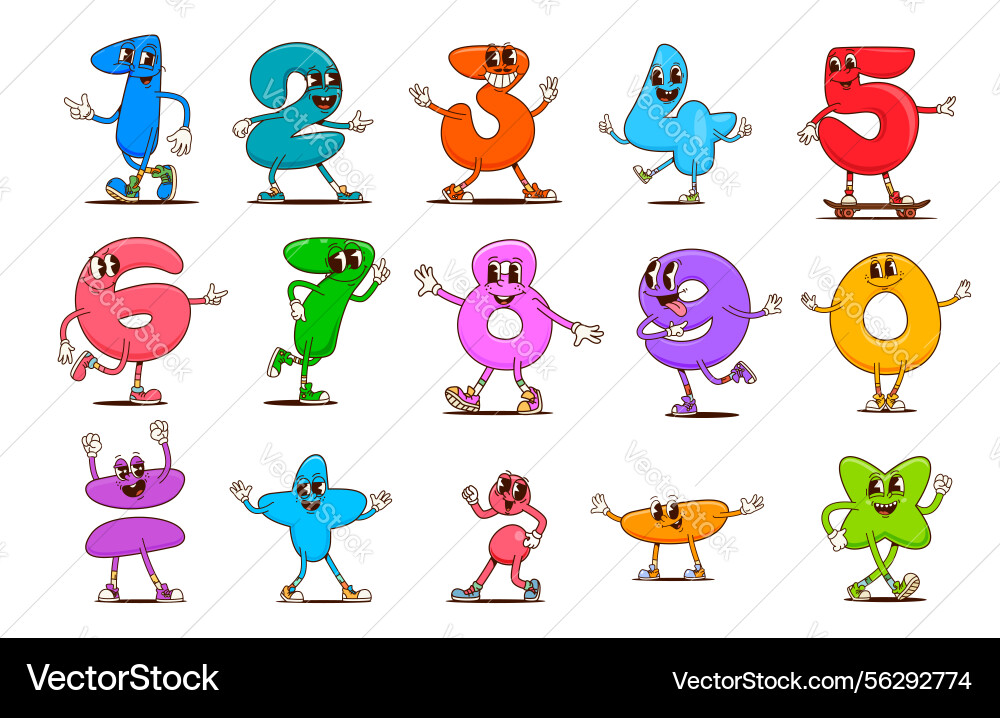 Cartoon math number and symbol groovy characters Vector Image