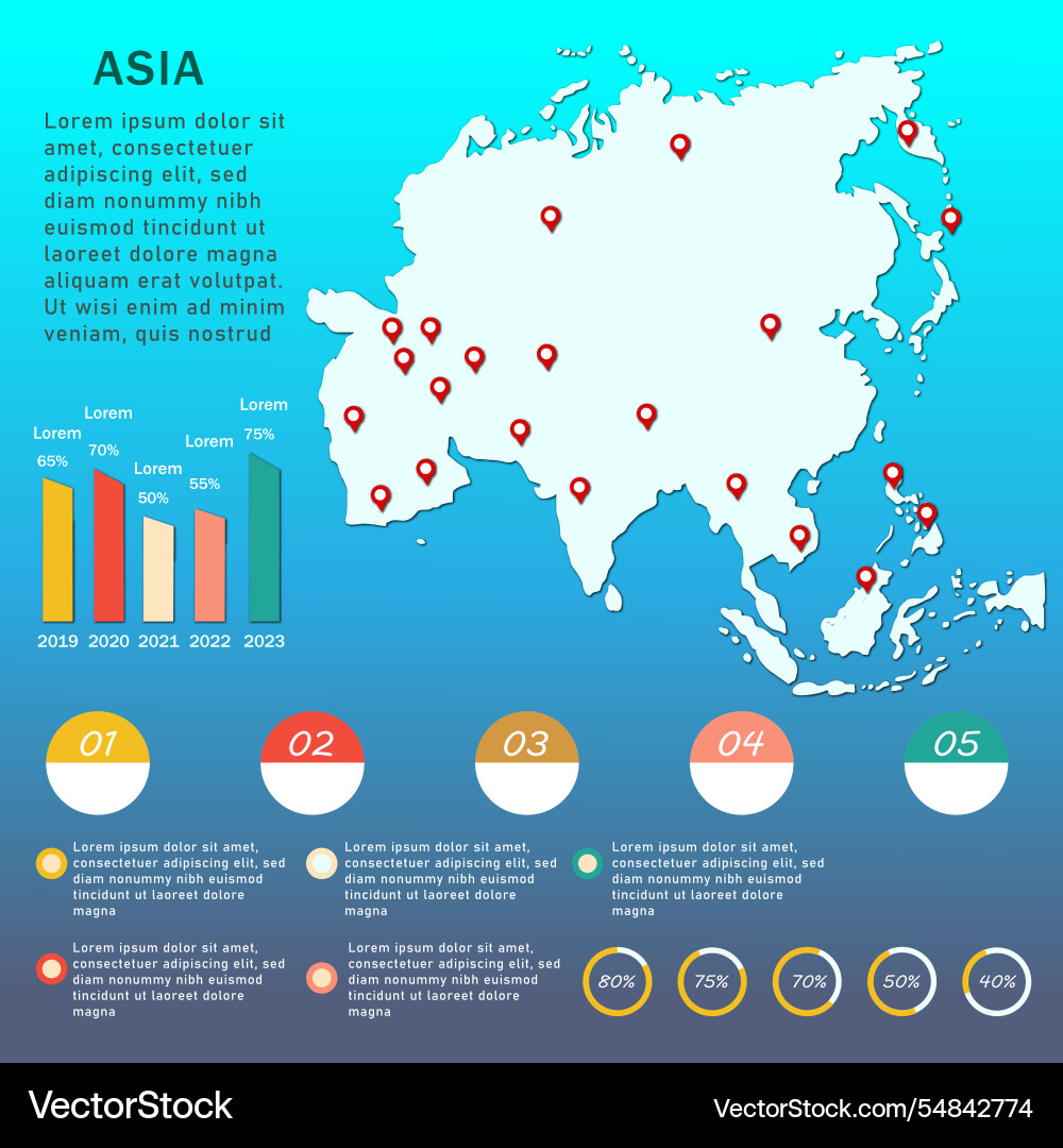 Flat design infographic map of asia Royalty Free Vector