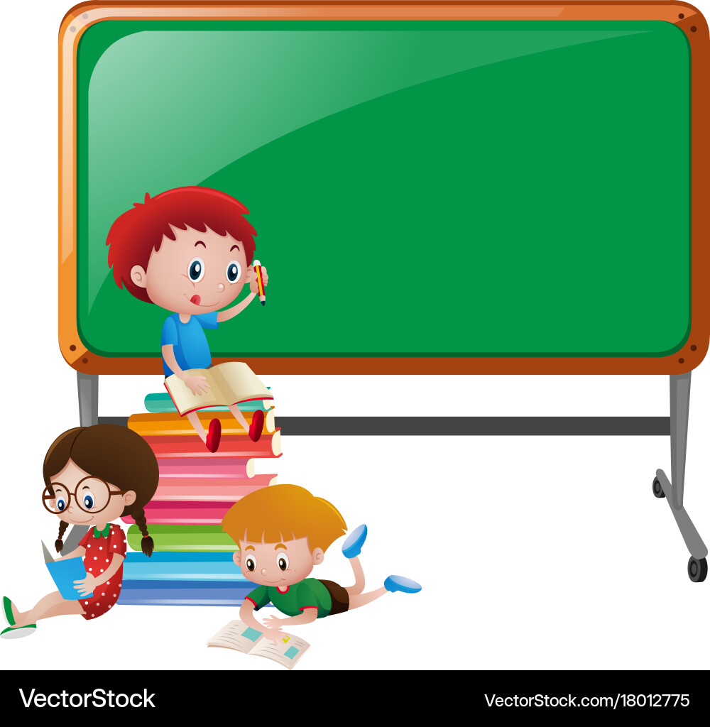 Board template with three kids reading and writing