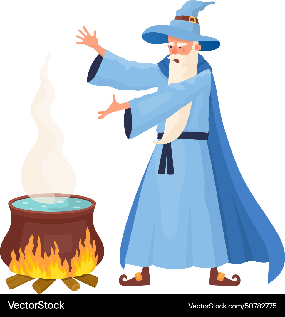 Medieval sorcerer make alchemy potion in cauldron Vector Image