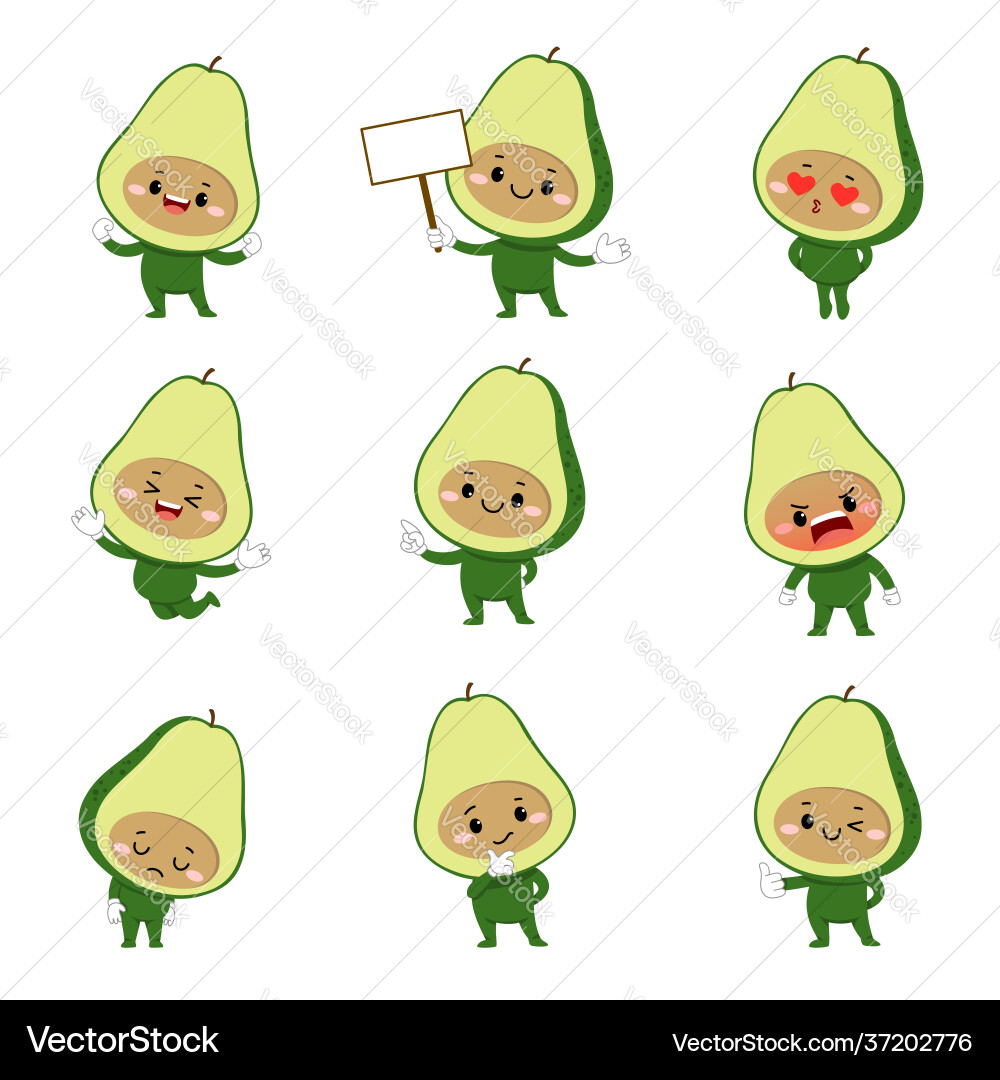 Cute Avocado Cartoon Characters Set Royalty Free Vector