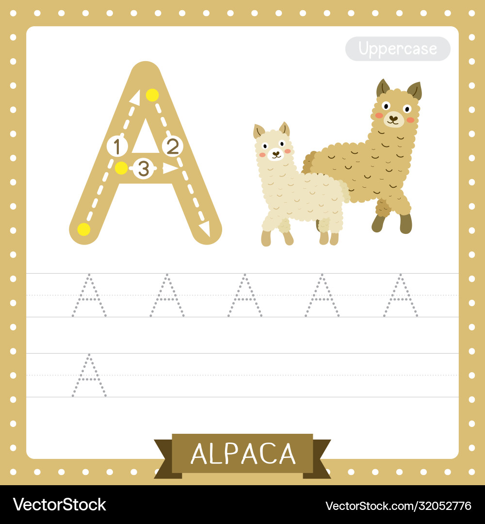 Letter A Tracing Worksheet - Alpaca Royalty Free Vector