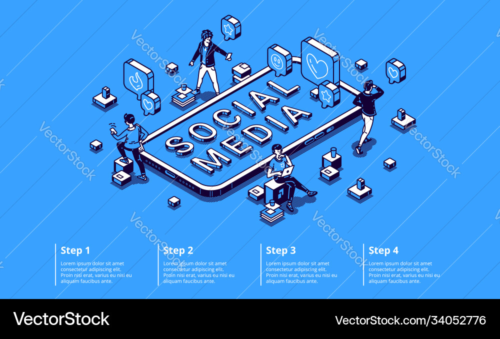 Social media isometric infographic with characters