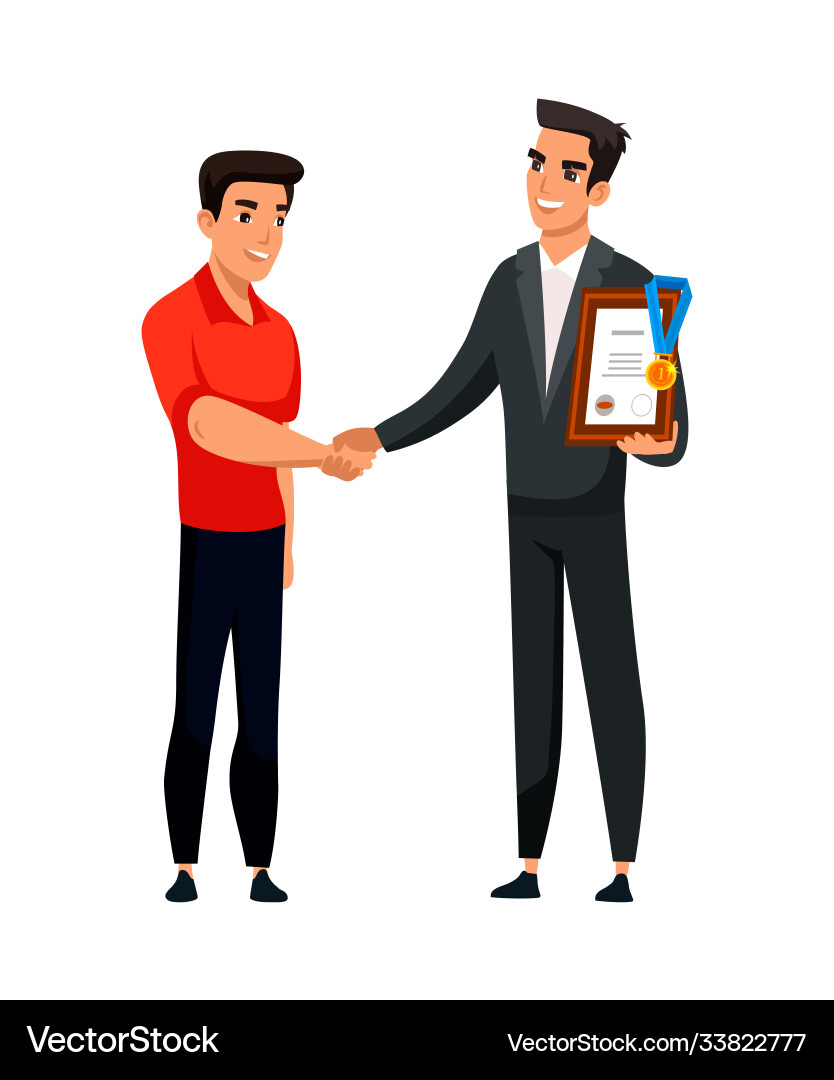 Man getting medal certificate isolated on white Vector Image