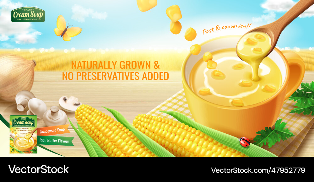 Instant corn cream soup ads Royalty Free Vector Image