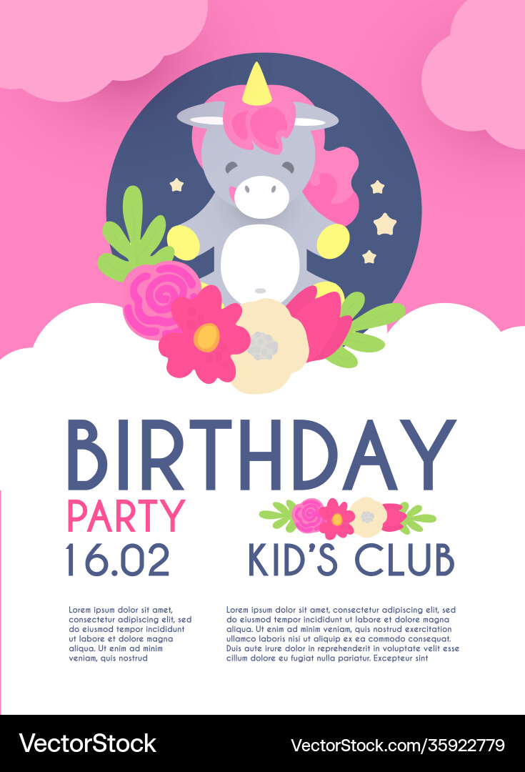 Kid birthday flyer template cute unicorn Vector Image