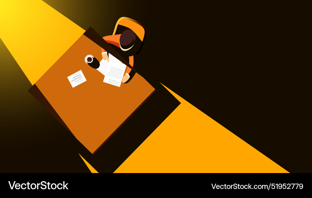 Man sits at a table and works top view Royalty Free Vector