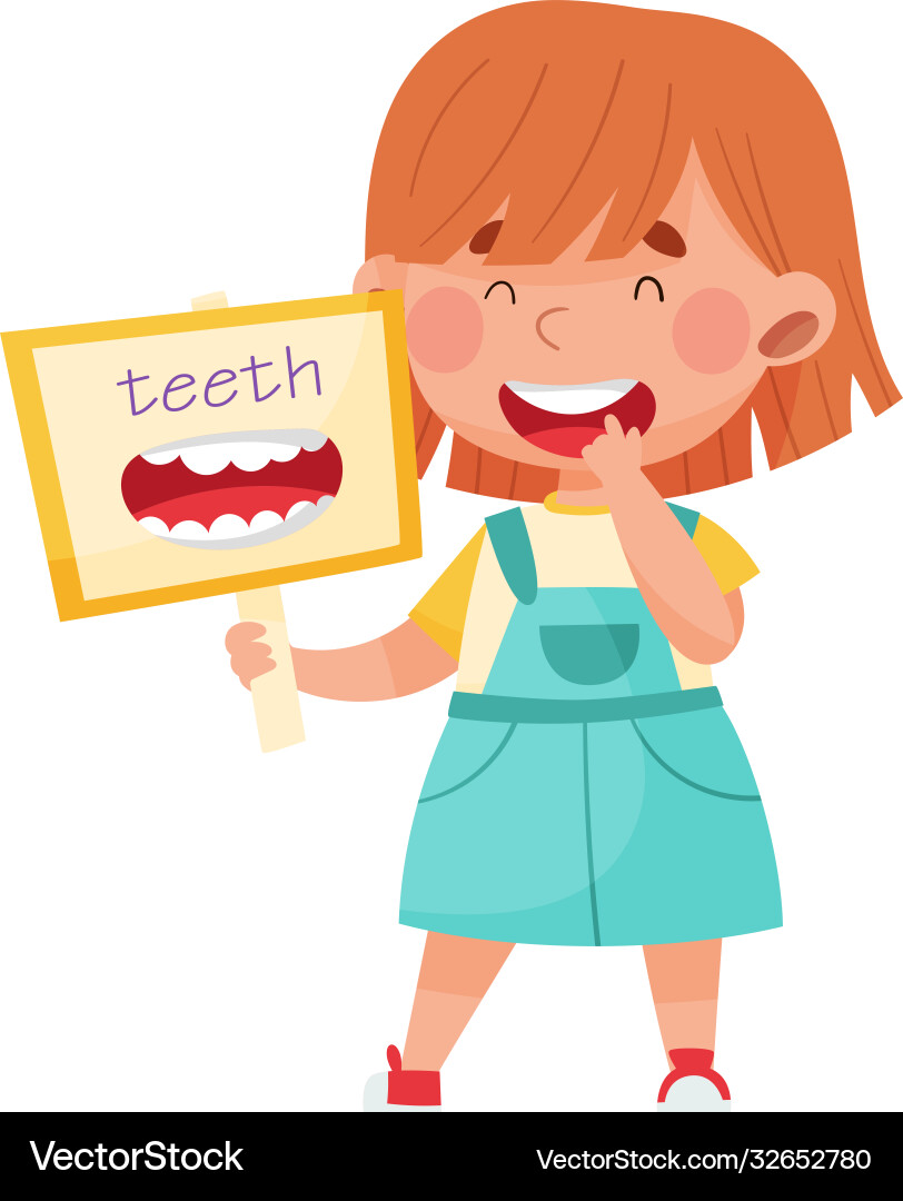 Cheerful girl character holding flashcard Vector Image
