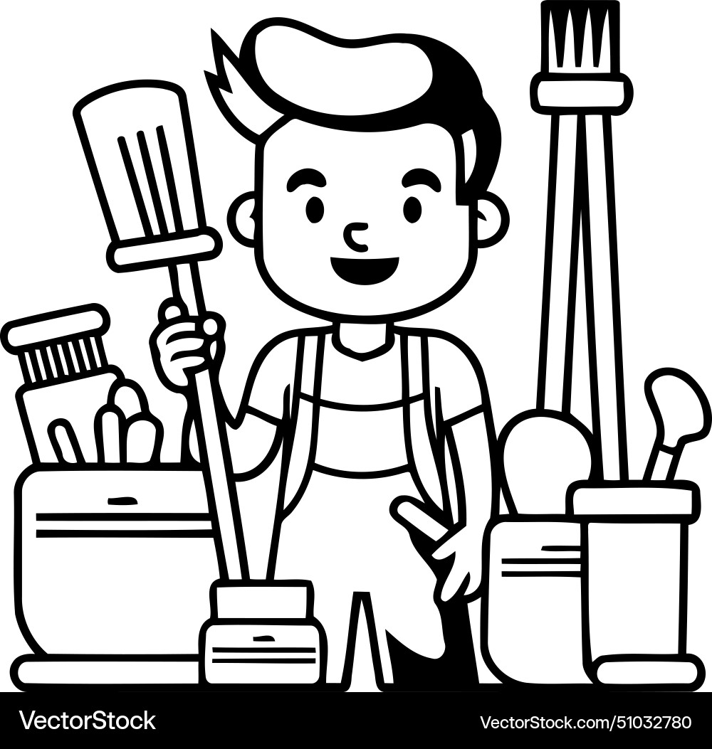 Cute boy with cleaning equipment concept Vector Image