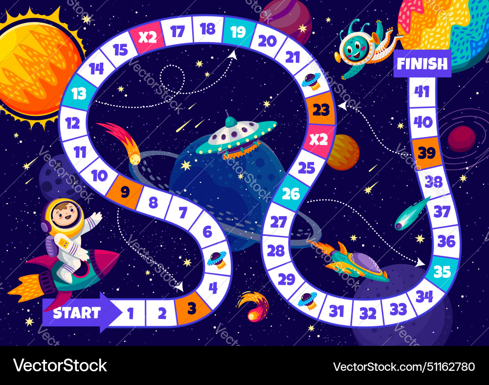 Kids board step game with astronaut and planets Vector Image