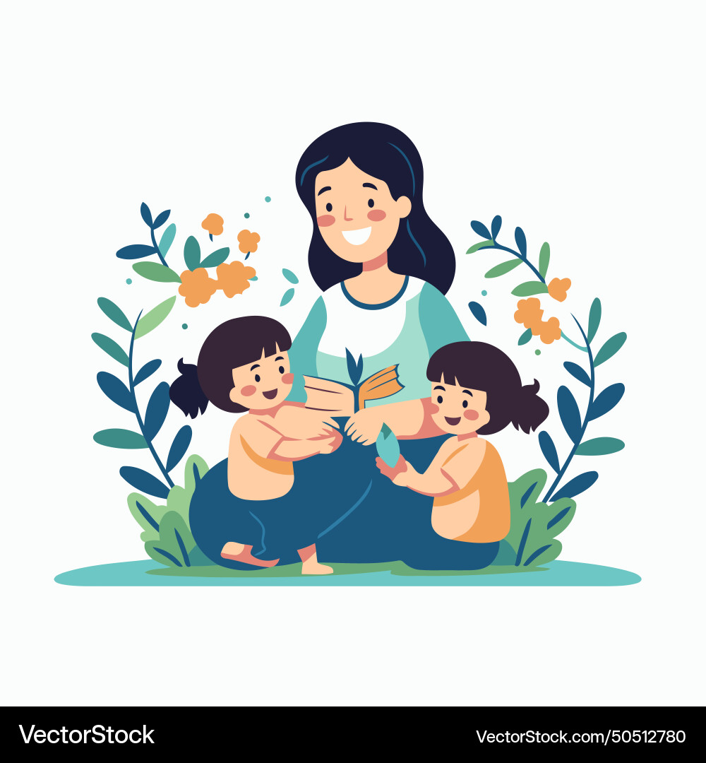 Mother and children reading books together Vector Image