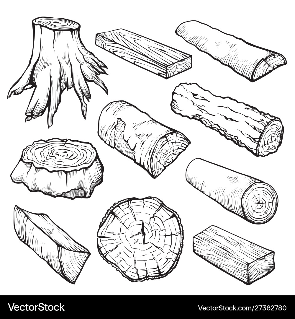 Wooden logs and timber hand drawn Royalty Free Vector Image