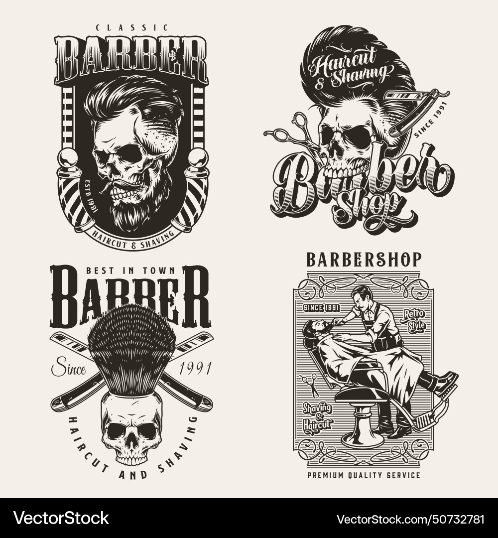 Barber vintage set stickers monochrome Royalty Free Vector