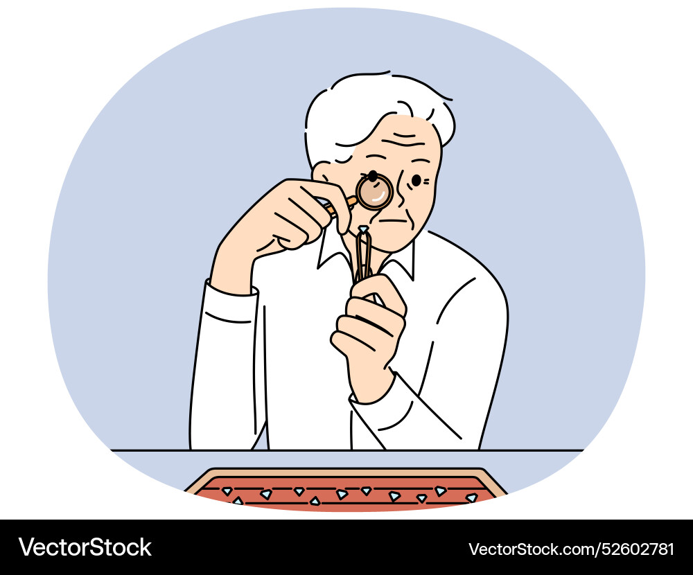 Elderly man jeweler examines diamond through Vector Image