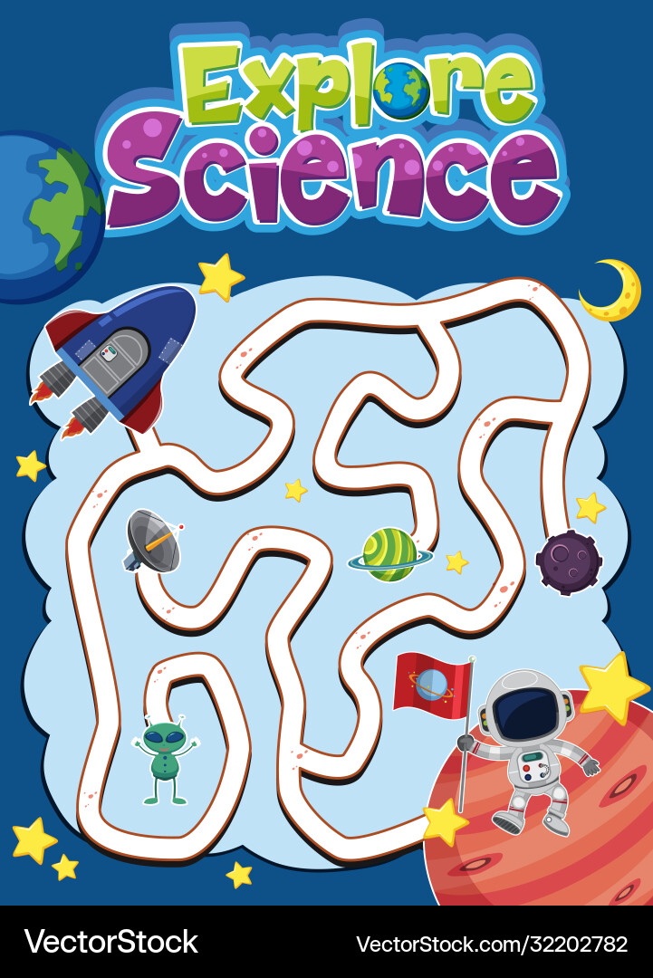 Maze game for kids with explore science logo Vector Image