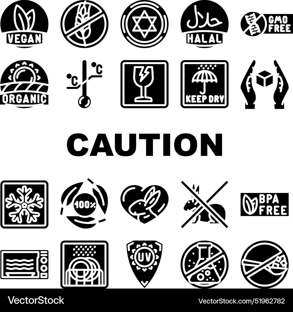 Product caution label warning icons set Royalty Free Vector
